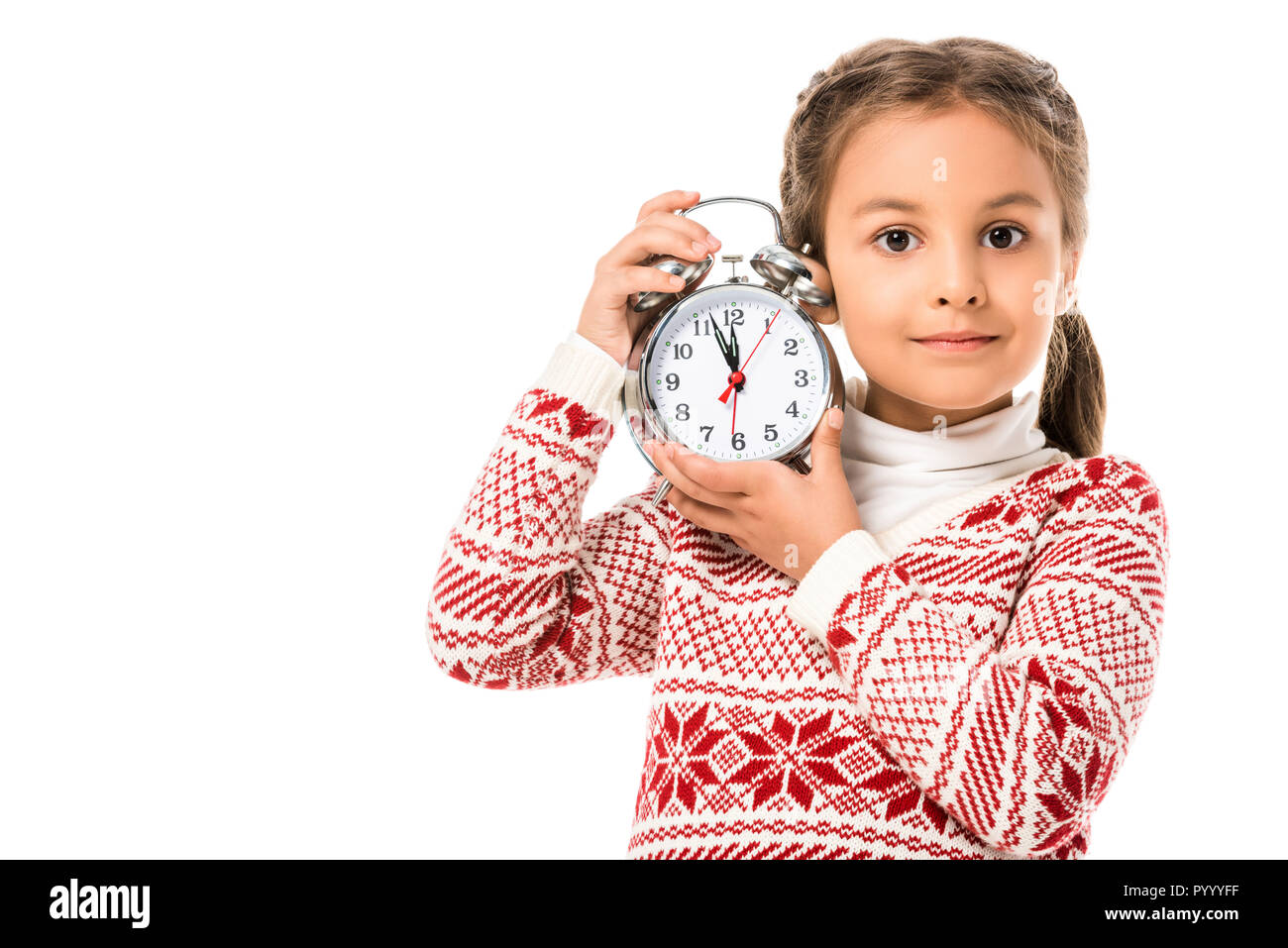 adorable little child holding alarm clock and looking at camera ...