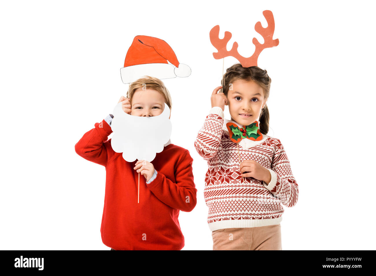 adorable little kids with christmas masks isolated on white Stock Photo ...