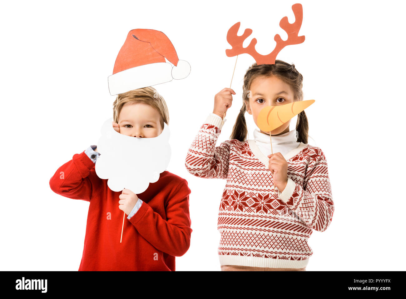 cute little kids with christmas masks isolated on white Stock Photo - Alamy