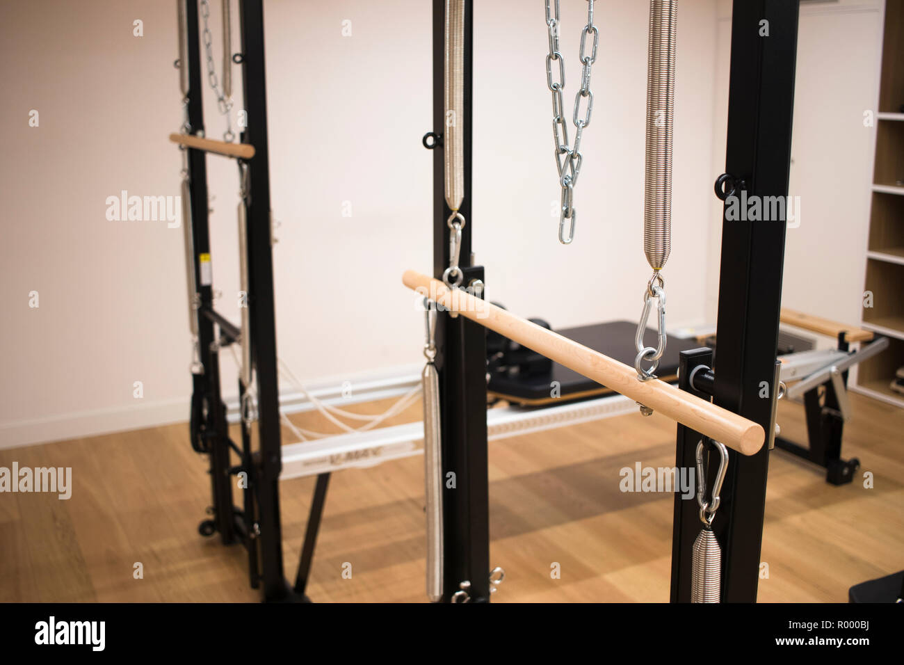 Pilates machine fitness studio gym room with training machines Stock ...