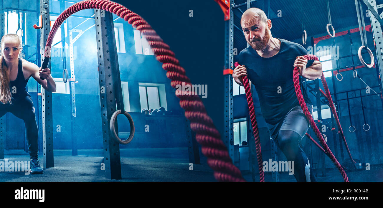 Collage about man and woman with battle rope during exercise in the ...