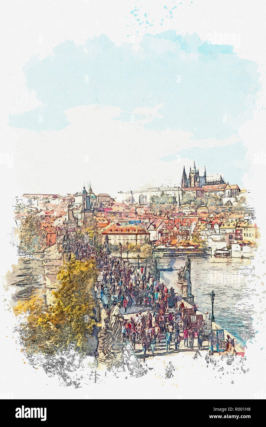 Watercolor sketch or illustration of a beautiful view of the ancient ...