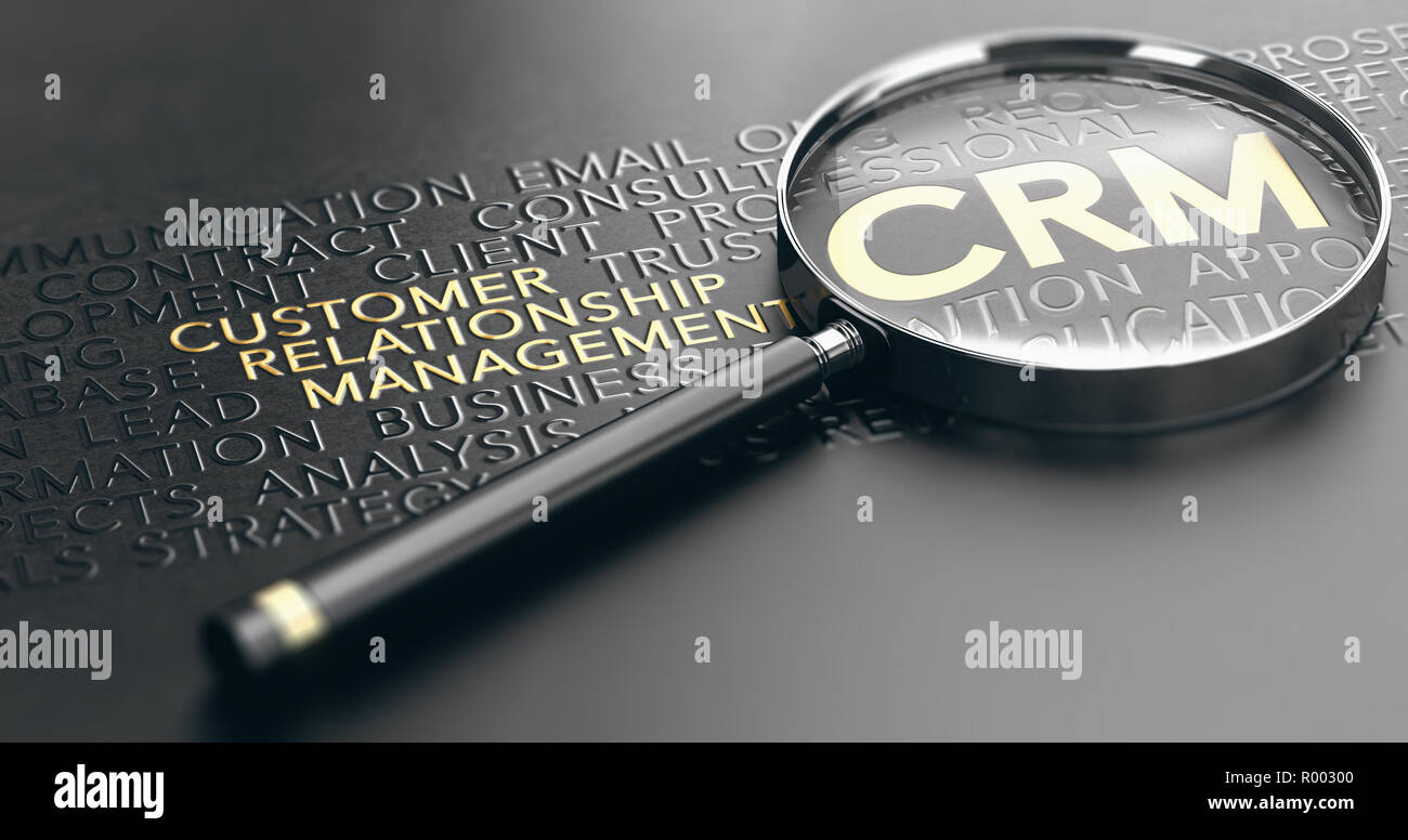 3D illustration of a magnifying glass over black background and focus ...