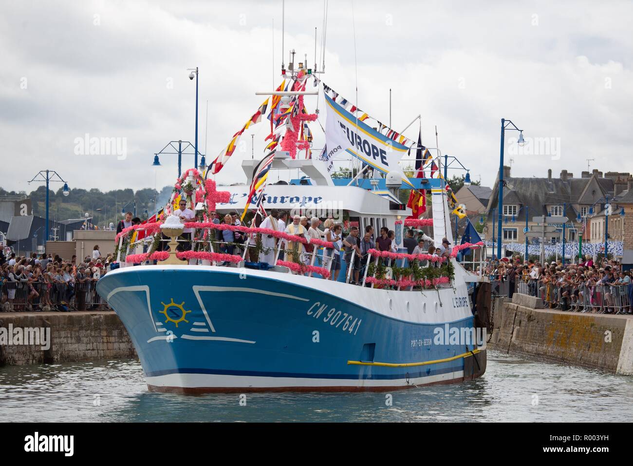 France, Normandy region, Calvados, Port en Bessin, decorated boats for ...
