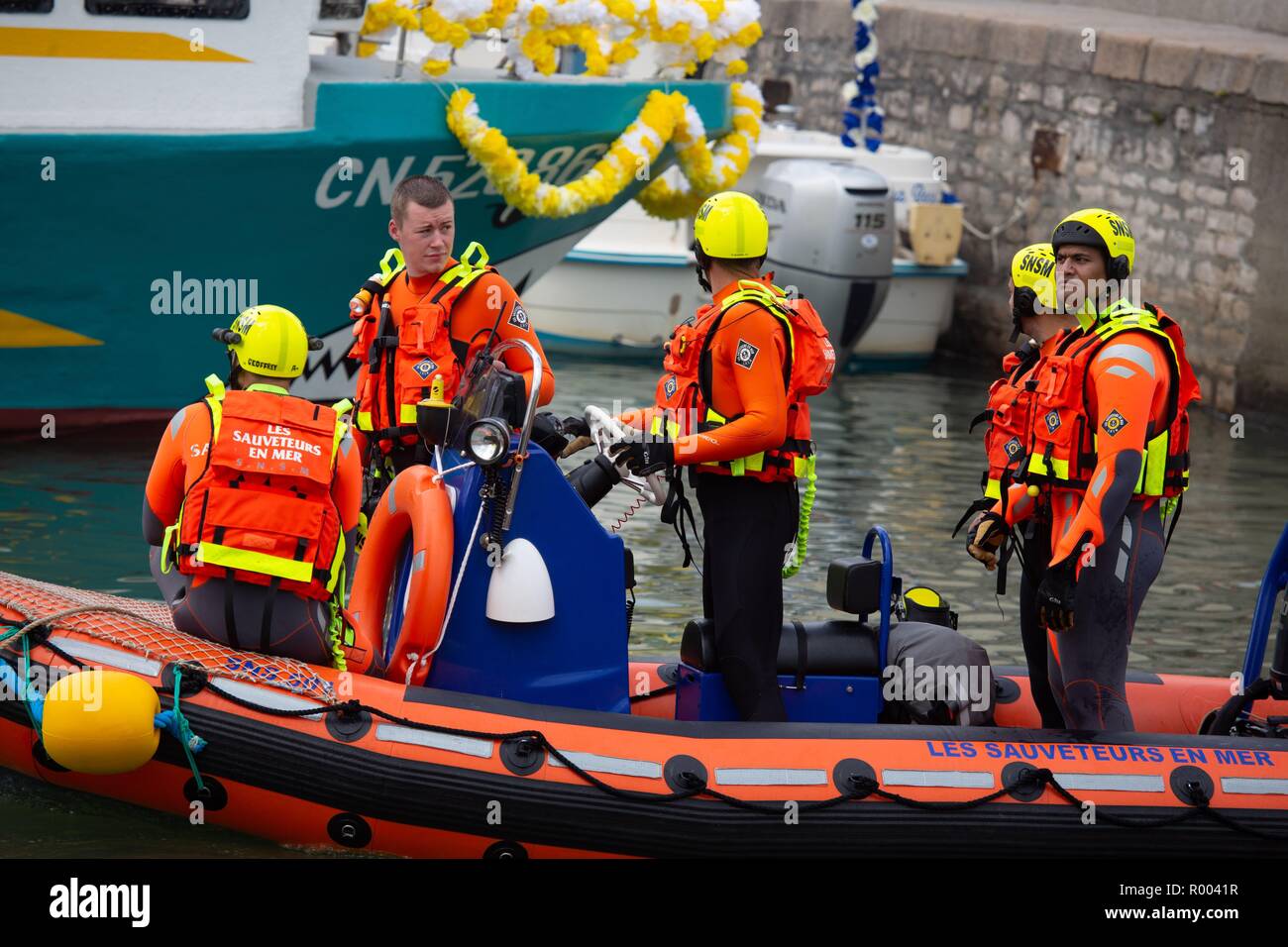France, Normandy region, Calvados, Port en Bessin, decorated boats for ...