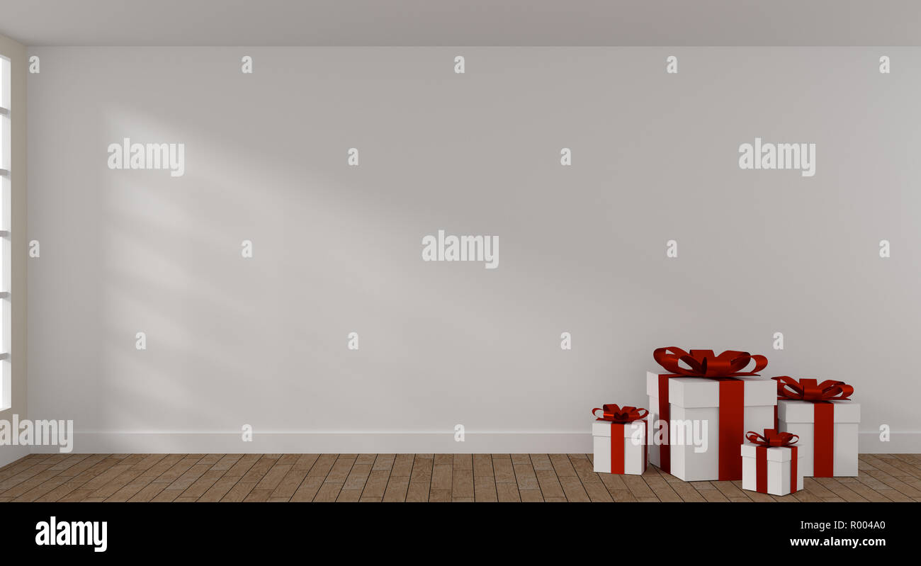 White Christmas gift boxes in a bright room with space for text or ...