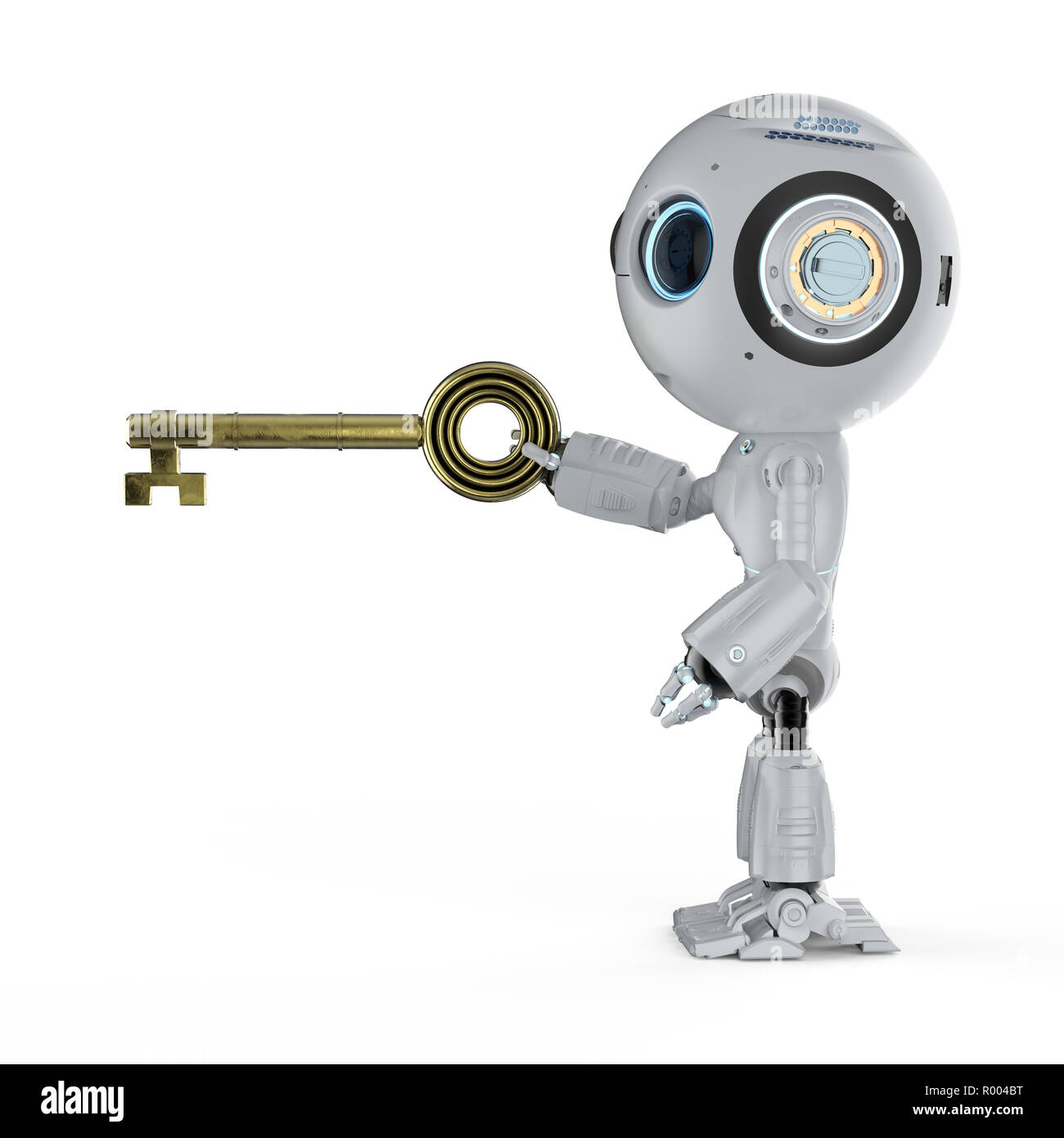 Online security concept with 3d rendering mini robot hold key Stock ...