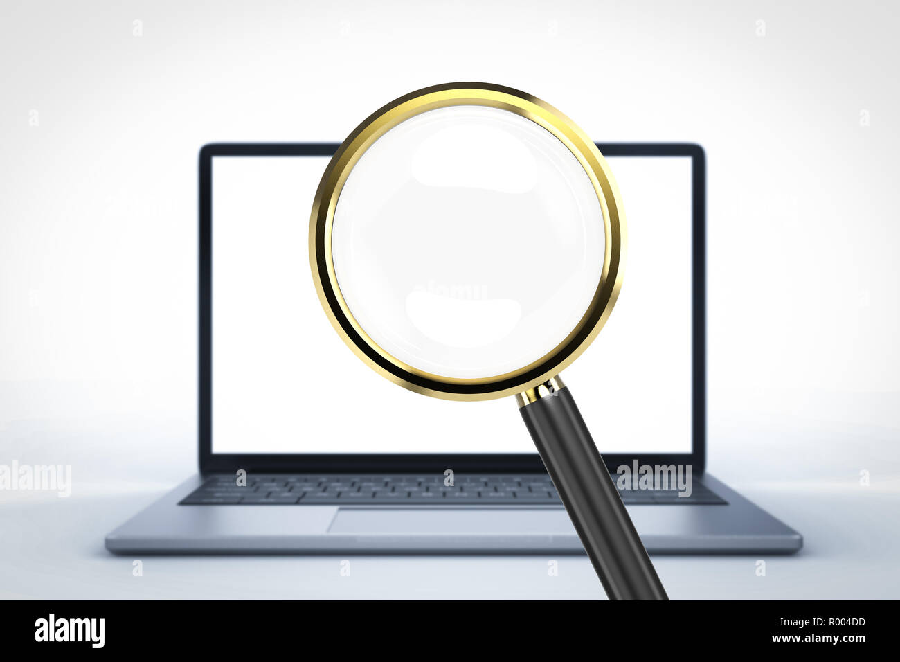 3d rendering magnifying glass with computer notebook on white ...