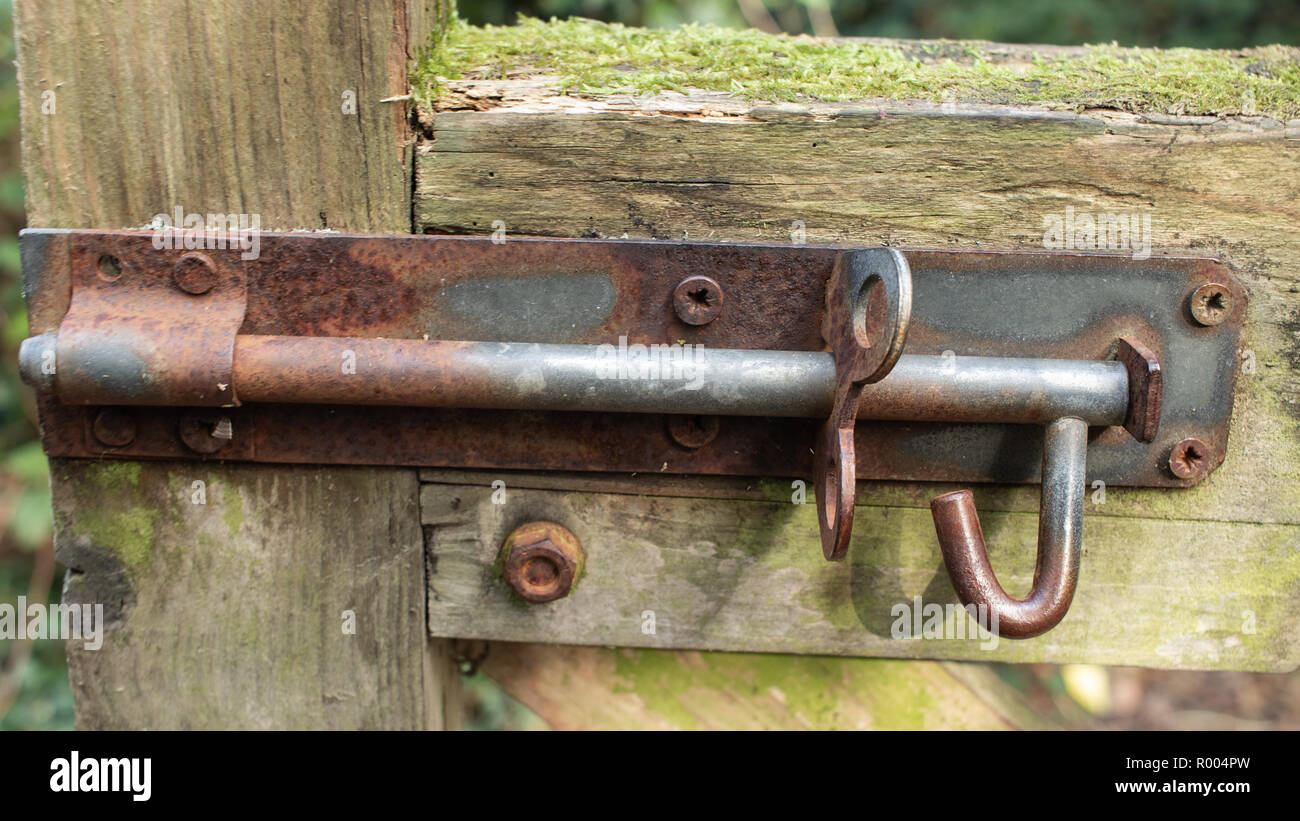 A Rusty door bolt on wooden door Stock Photo - Alamy