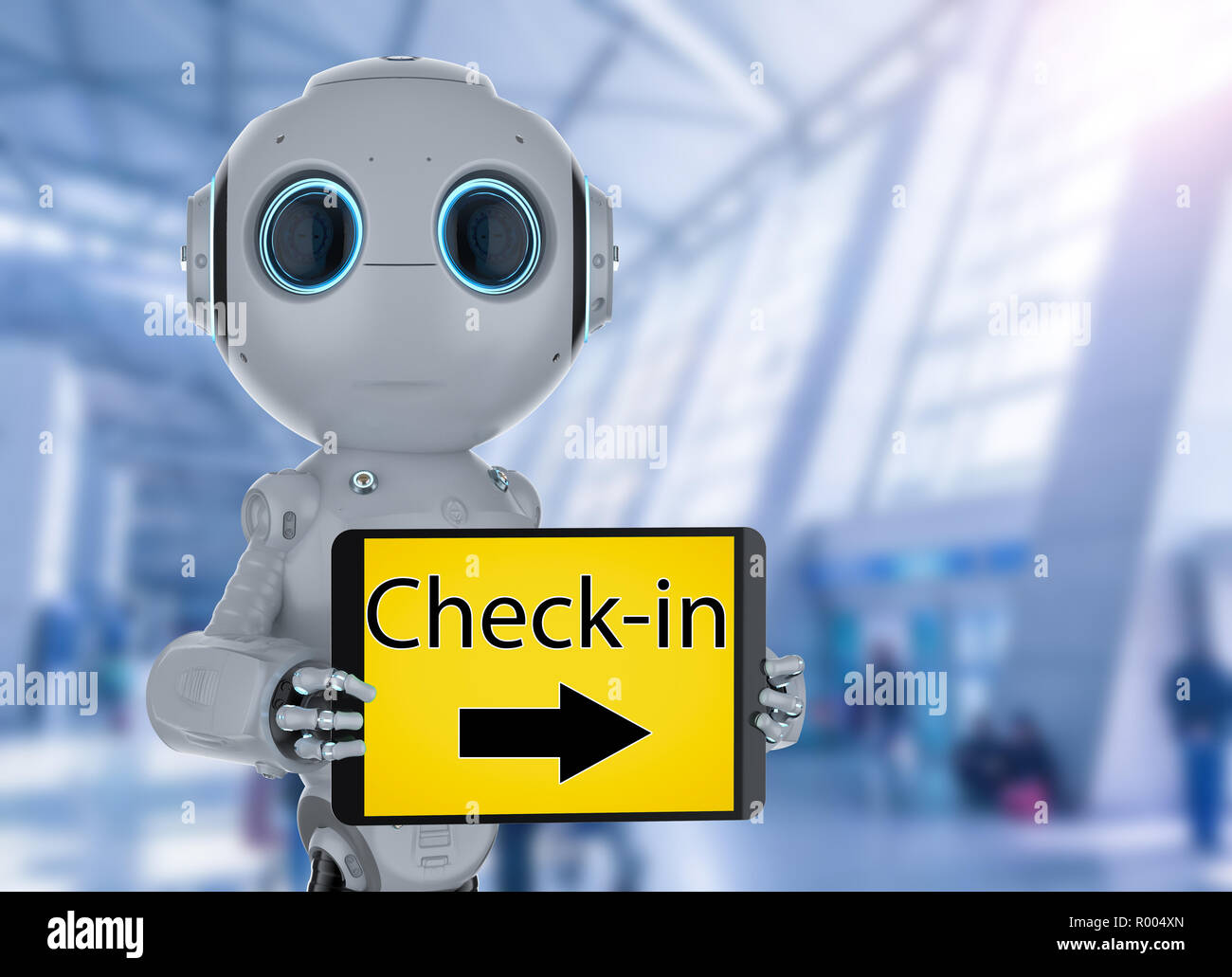Automatic check in with 3d rendering mini robot with digital tablet ...