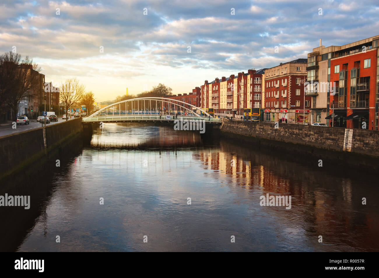 Embankment of Liffey River in Dublin, Ireland. Sunset view with ...