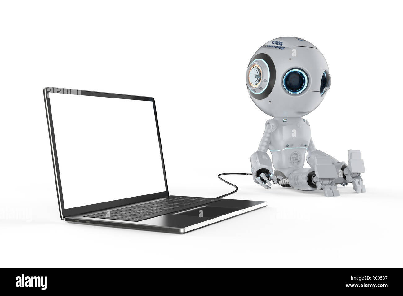 3d rendering mini robot with computer notebook on white background ...