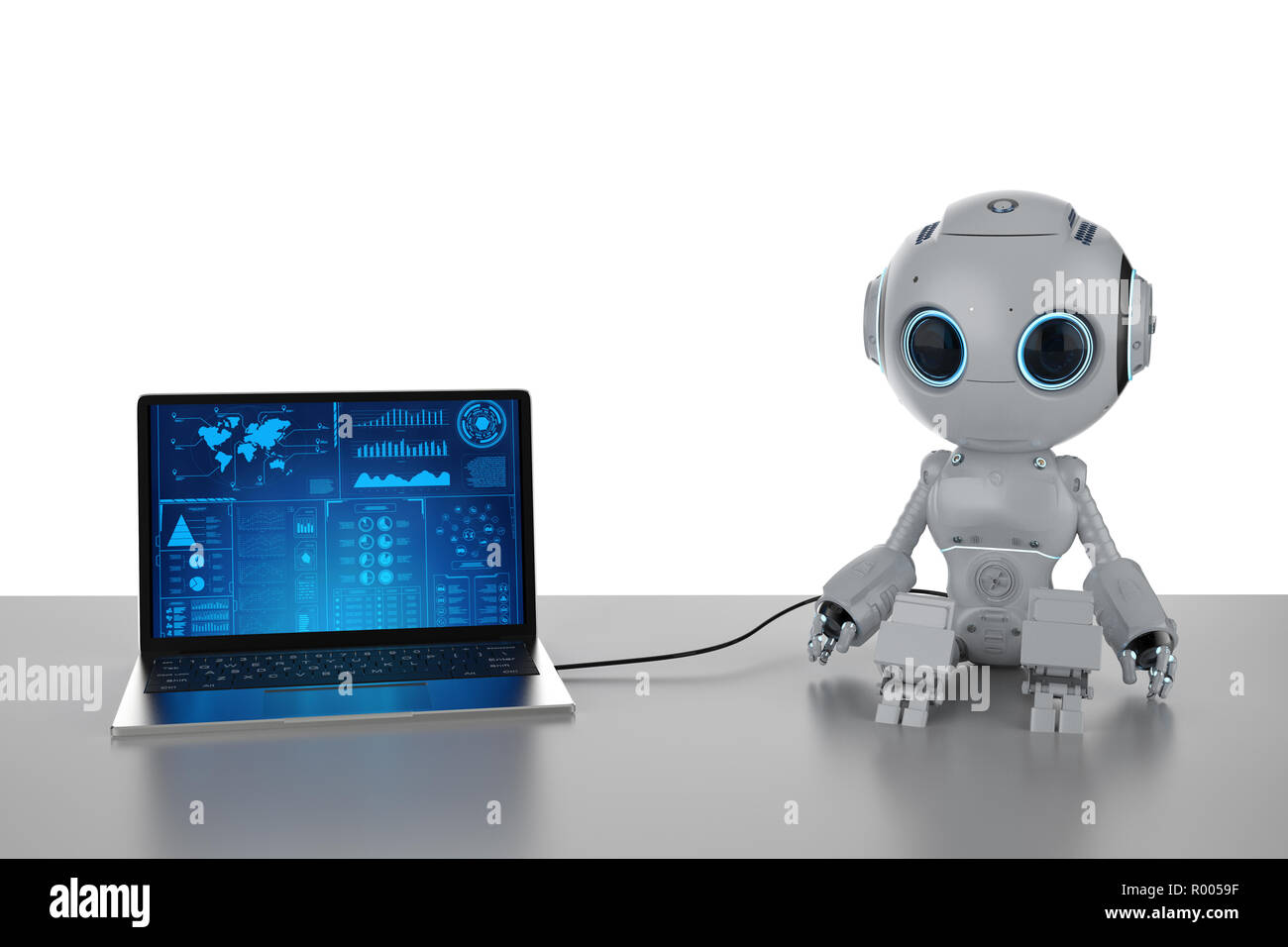 3d rendering mini robot with computer notebook on white background ...