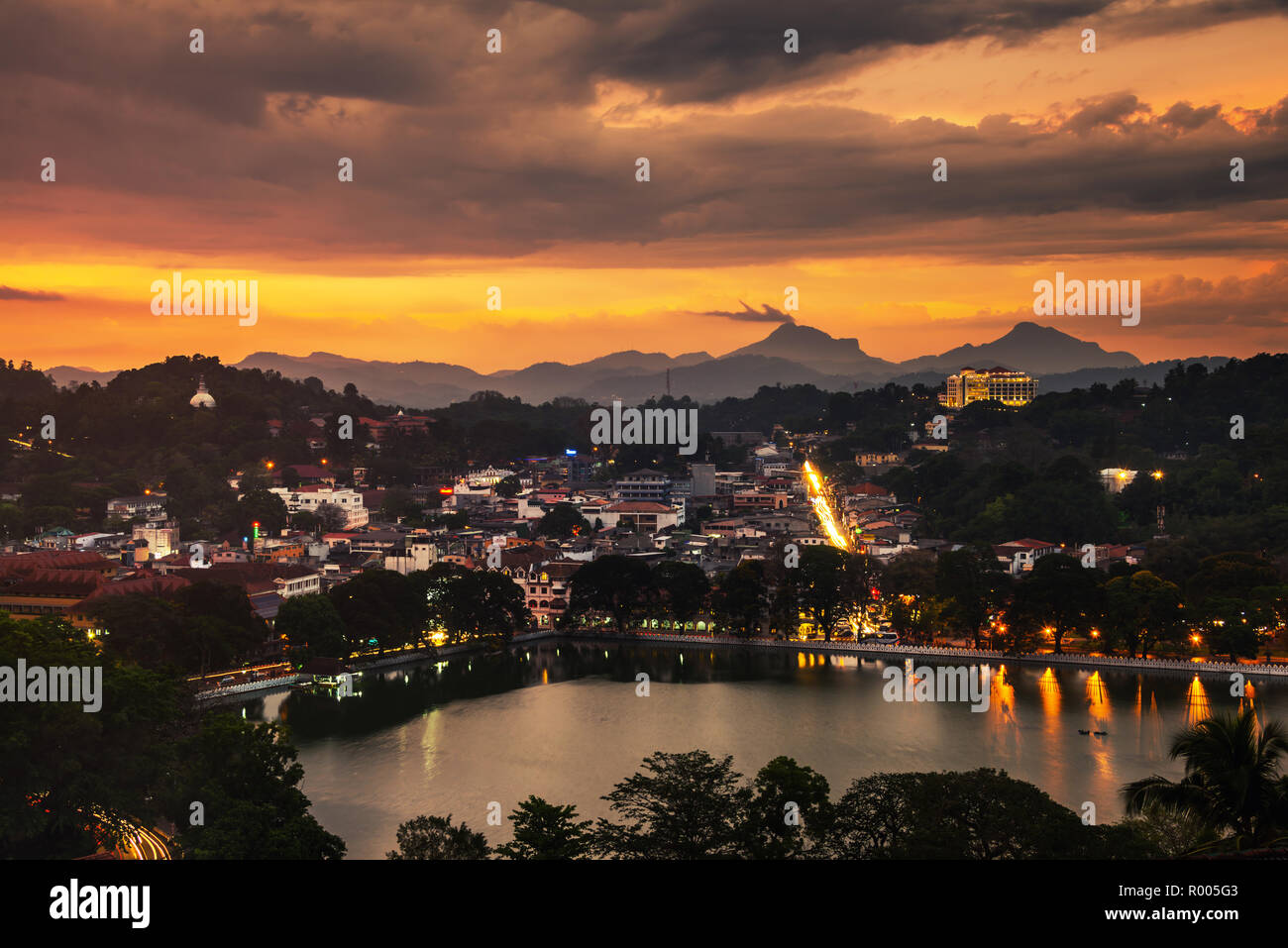 Lake in Kandy. Sunset over the former capital of Sri Lanka. Panoramic ...