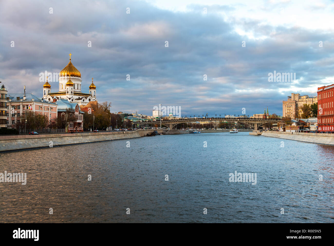 Boat ride in the evening in Moscow, Russia. Famous landmarks Cathedral ...