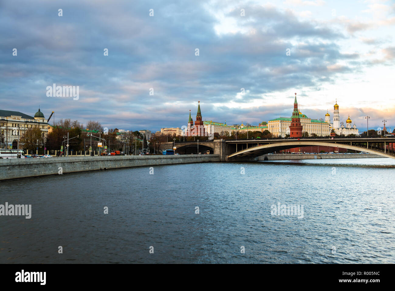 Boat ride in the evening in Moscow, Russia. Famous landmarks Kremlin ...