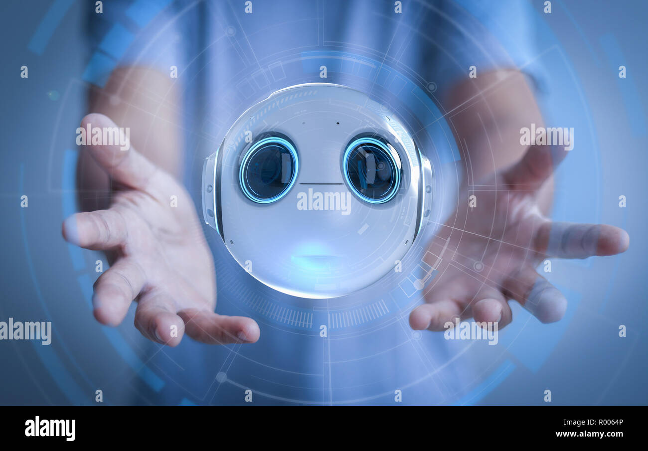 3d rendering mini robot in human hand Stock Photo - Alamy