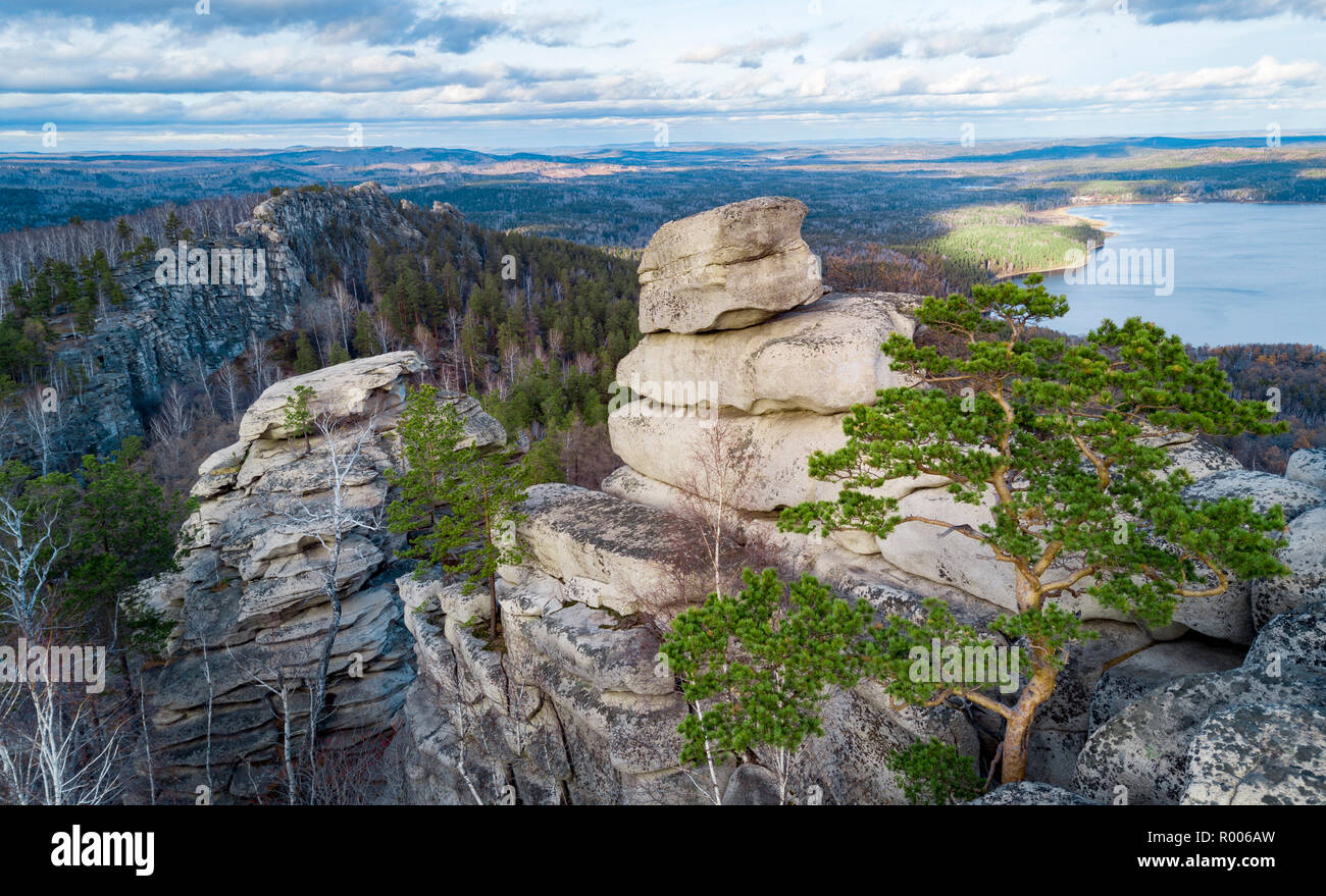 Panoramic drone view of nature mountain range with huge rocks and stone ...