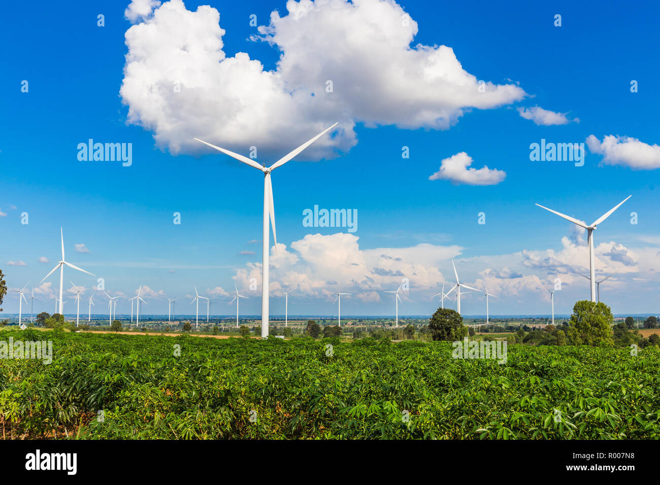 Wind turbine farm in beautiful nature with blue sky blackground ...