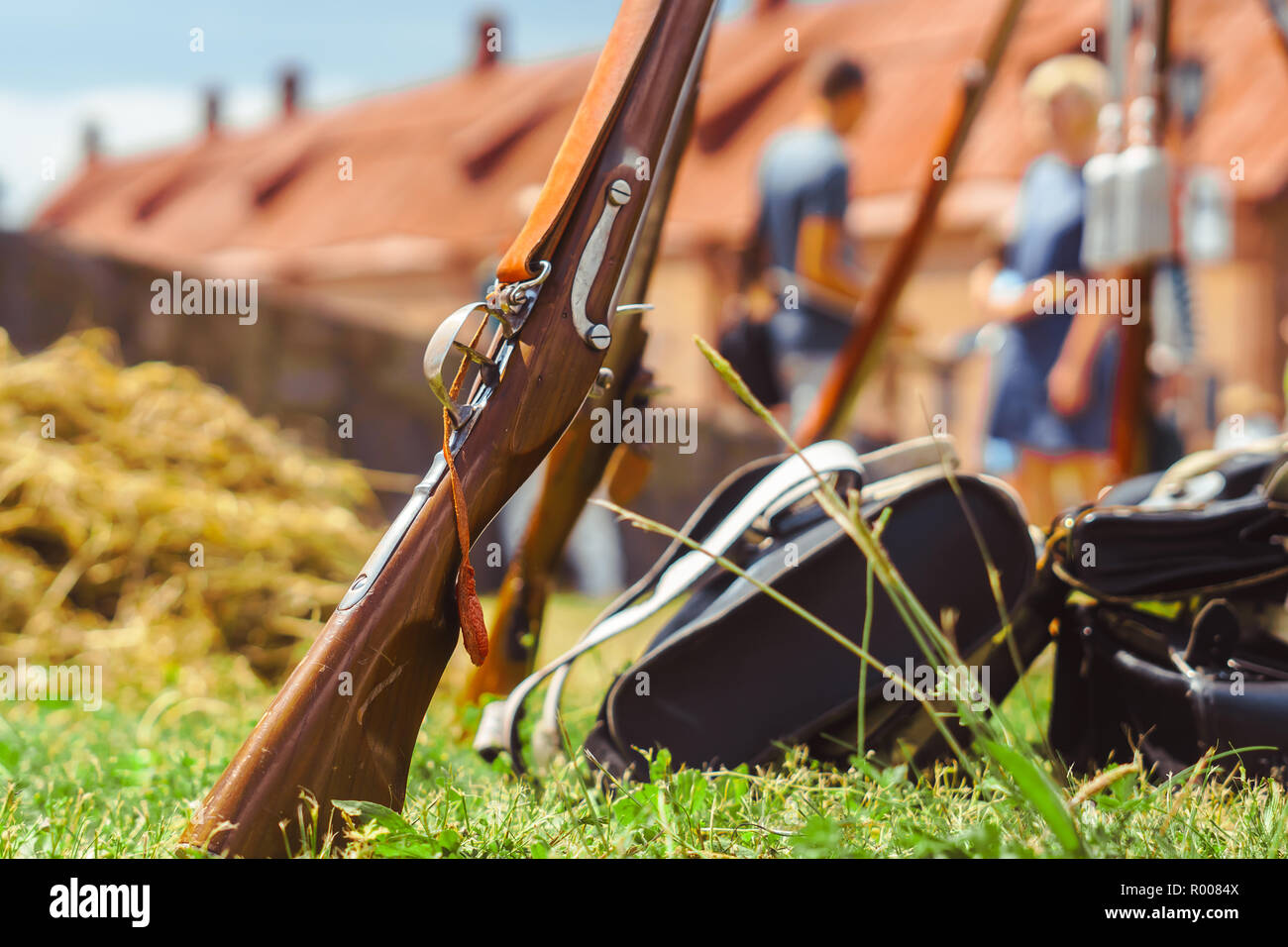 weapons of the 18th century in nature on reconstruction Stock Photo - Alamy