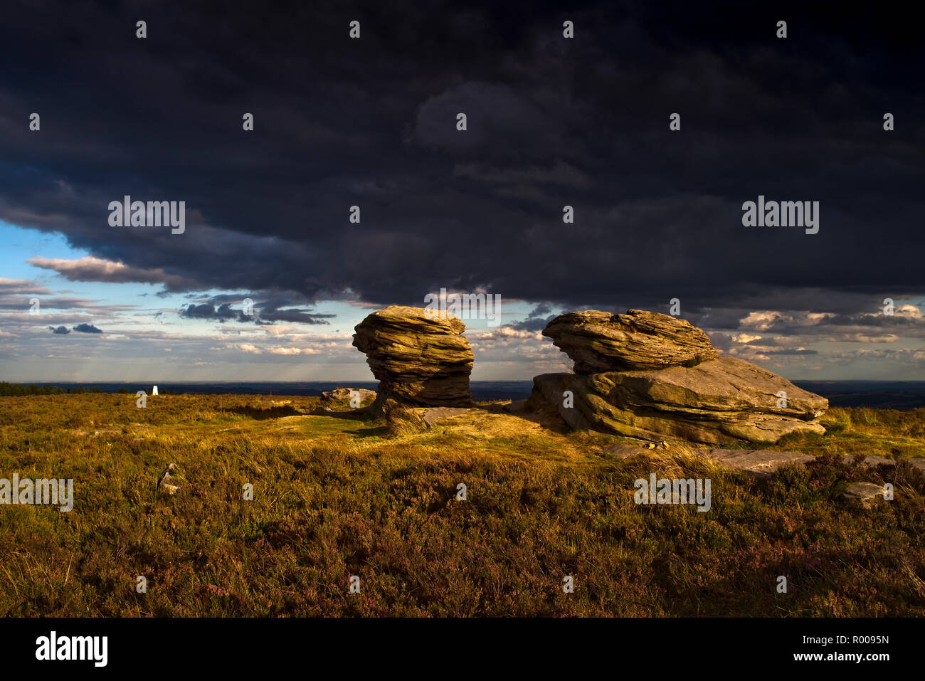The Ox Stones caught in storm light. Burbage Moor, the Peak District ...
