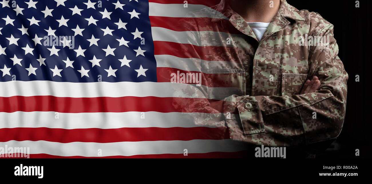 US Army concept. United States of America flag and soldier with crossed ...