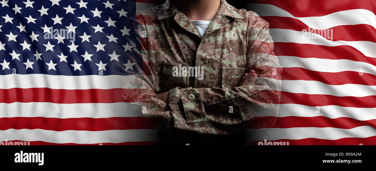US Army concept. United States of America flag and soldier with crossed ...