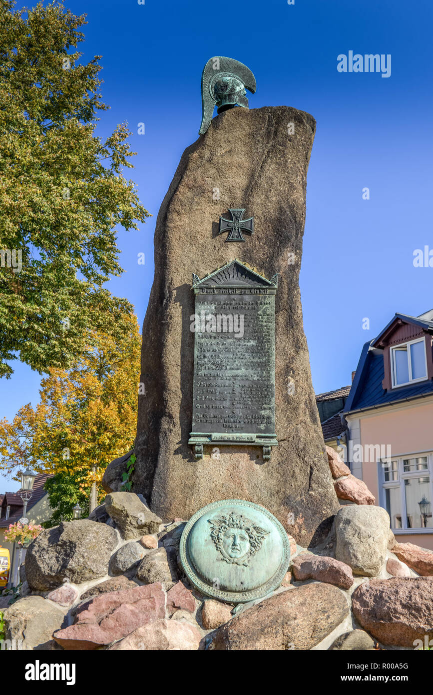 War memorial, goat's place, wide street, Old Town, Teltow, Brandenburg ...
