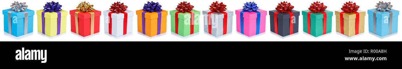 Birthday gifts christmas wedding presents in a row isolated on a white ...