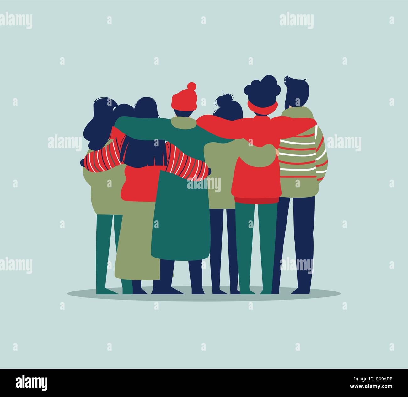 Diverse Friend Group Of People Hugging Together In Winter Clothes For