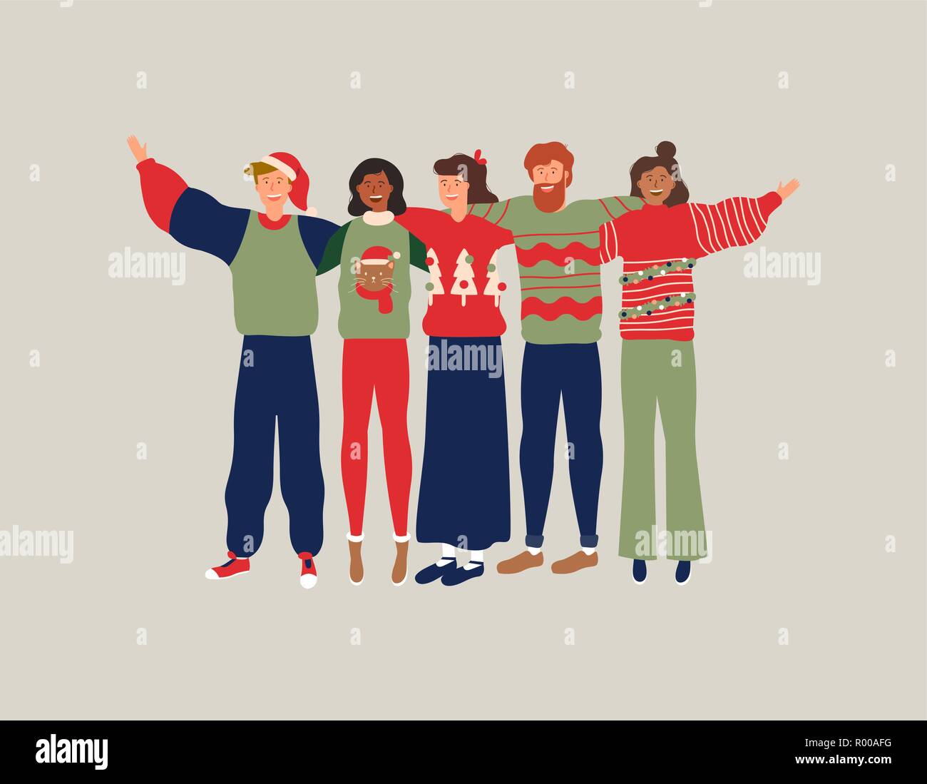Diverse friend group in christmas season, young people hugging together ...