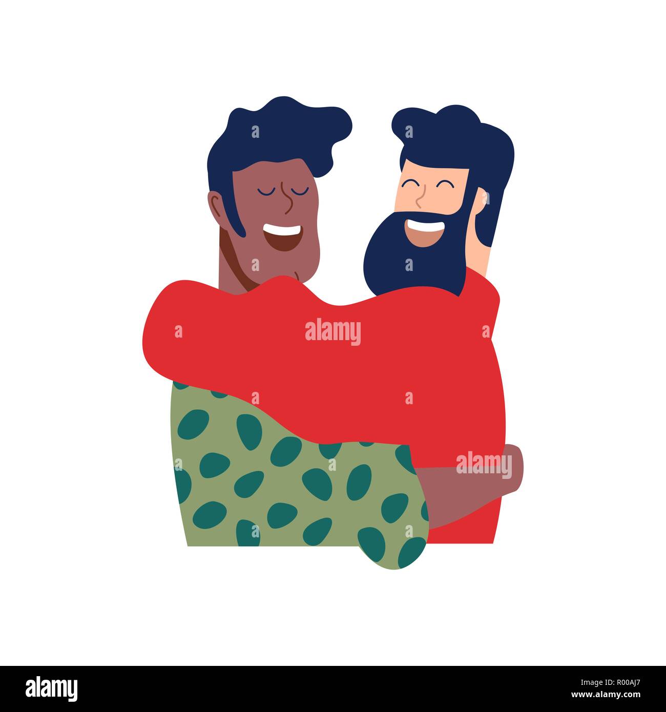 Two men friends hugging and smiling together in christmas winter ...