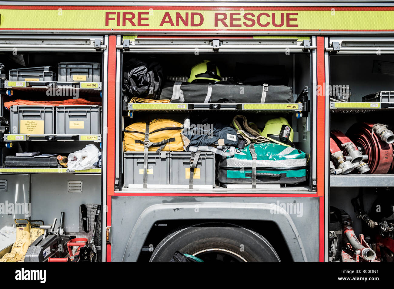 Fire and Rescue Service fire engine compartments with equipments for ...