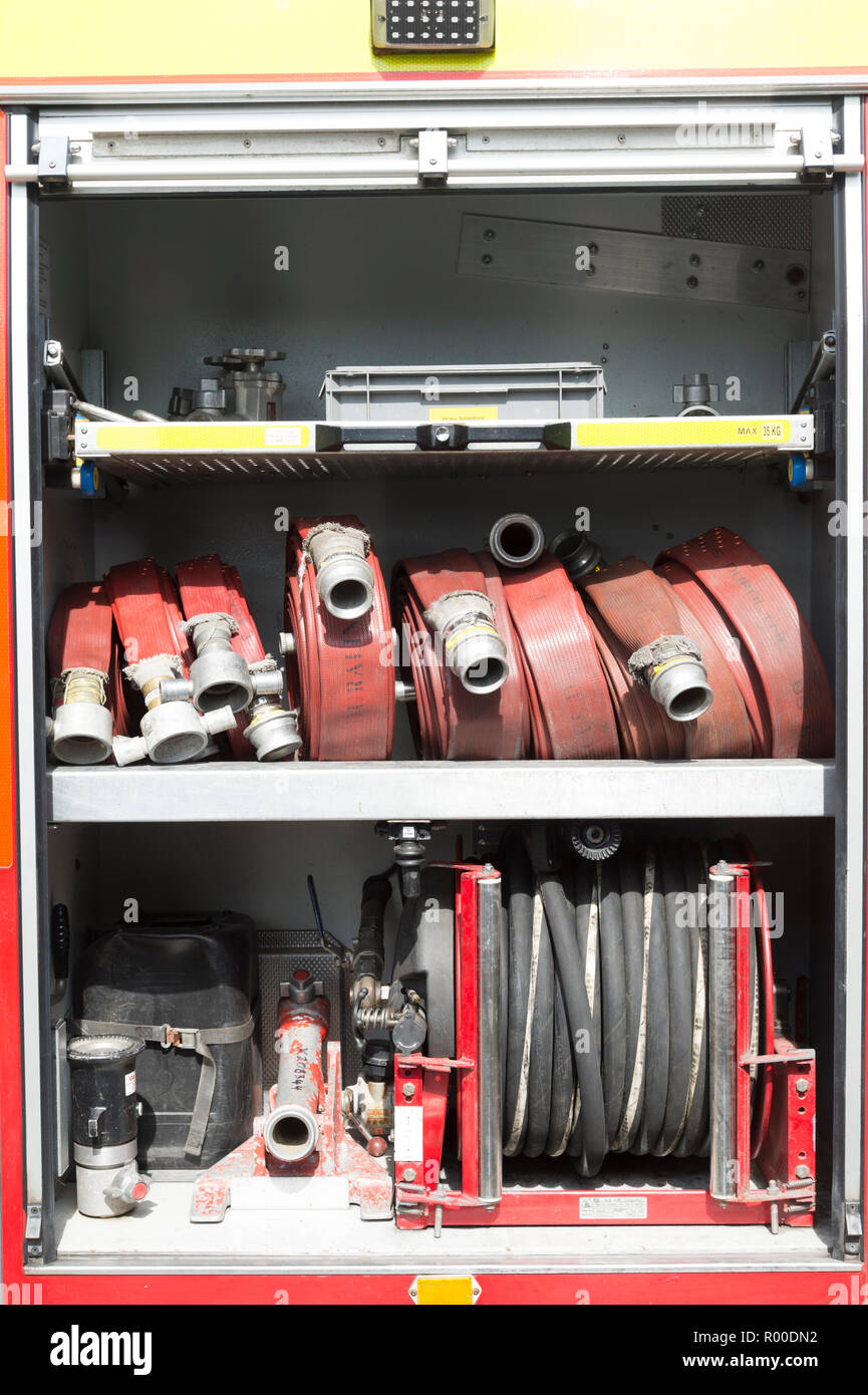 Fire and Rescue Service fire engine compartments with equipments for ...