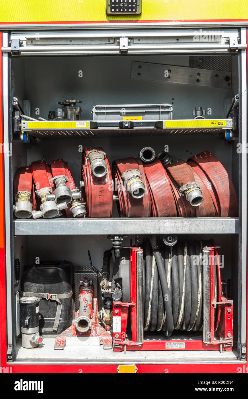 Fire and Rescue Service fire engine compartments with equipments for ...