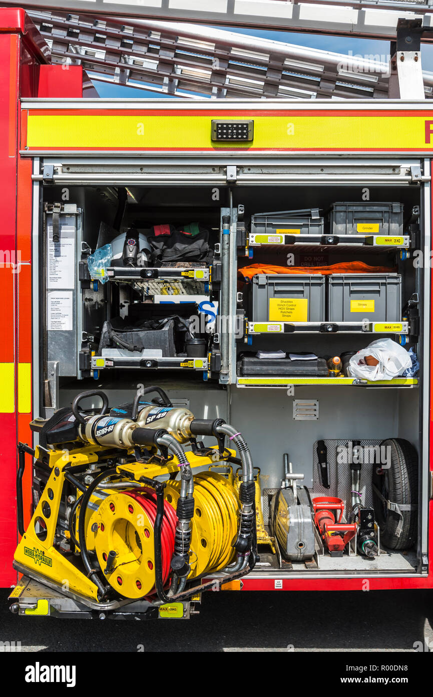Fire and Rescue Service fire engine compartments with equipments for ...