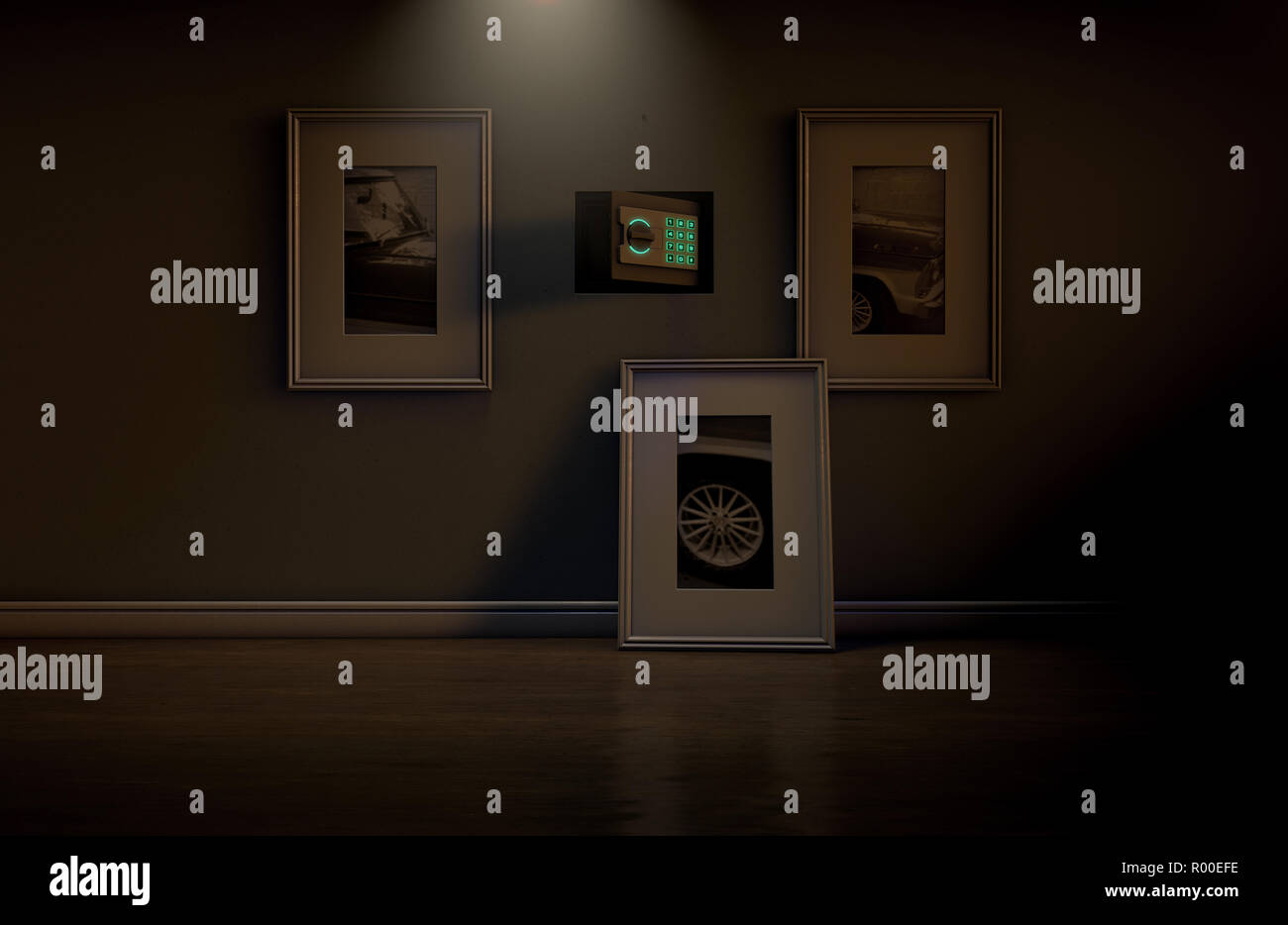 An open hidden wall safe revealed behind a hanging framed picture on a ...