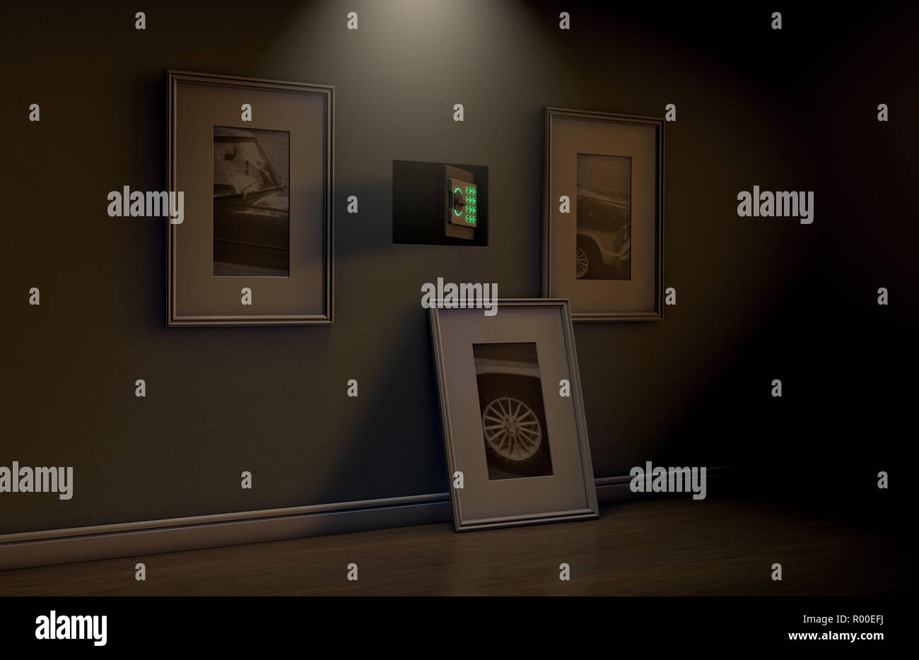 An open hidden wall safe revealed behind a hanging framed picture on a ...