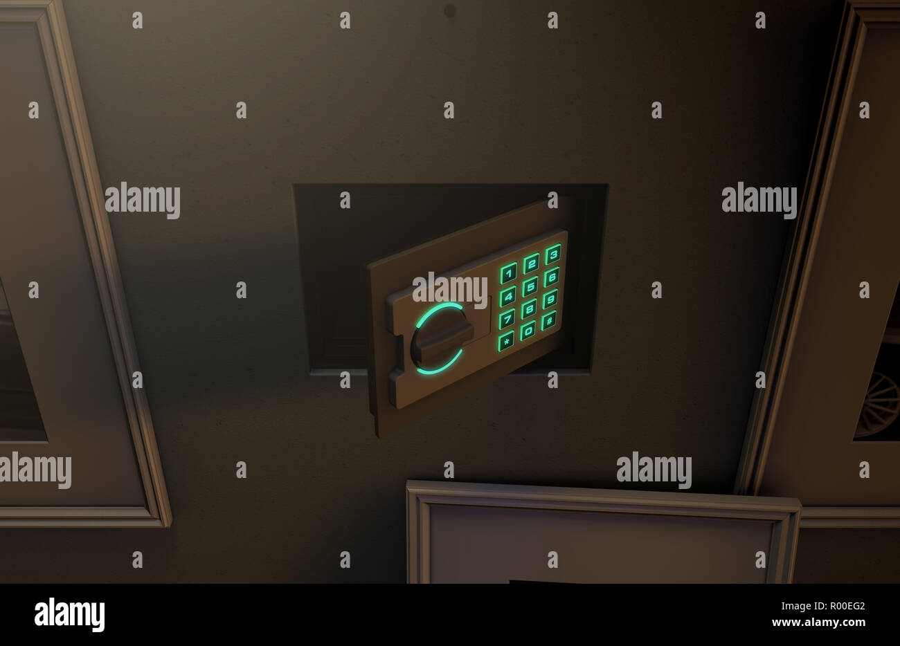 An open hidden wall safe revealed behind a hanging framed picture on a ...