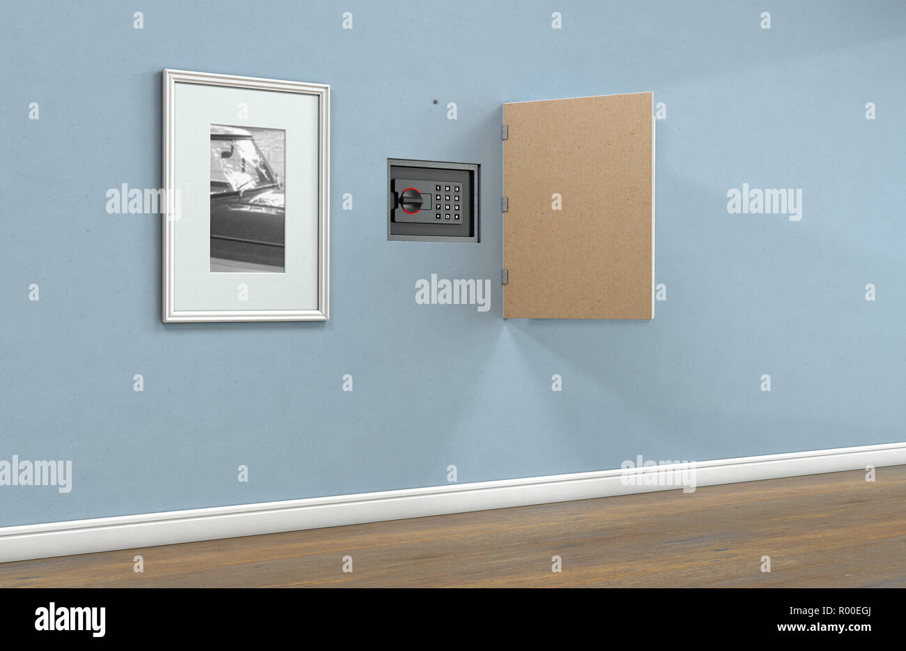 A closed hidden wall safe revealed behind a hanging framed picture on a ...