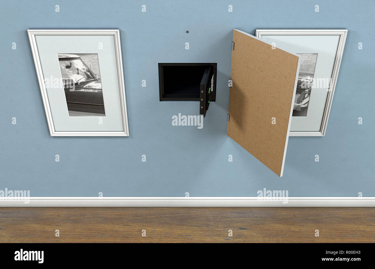 An open hidden wall safe revealed behind a hanging framed picture on a ...