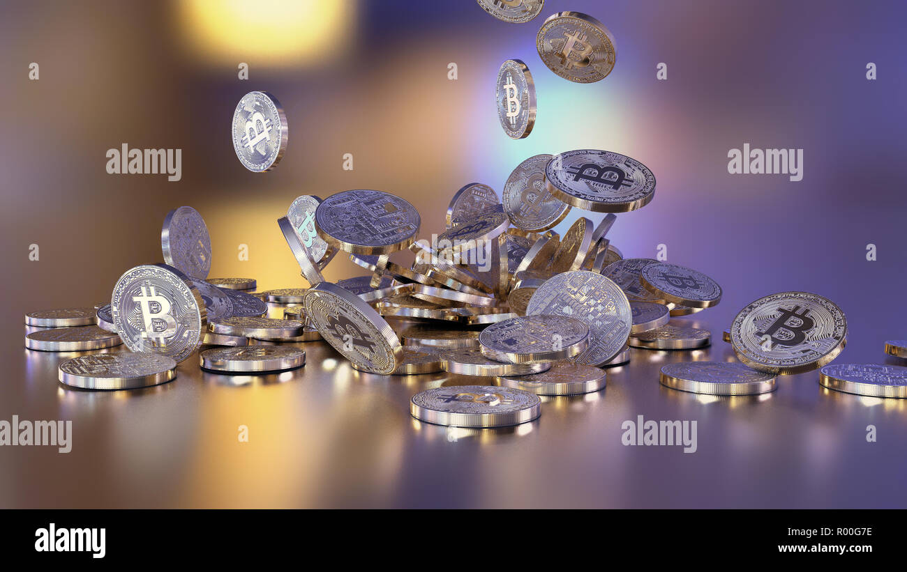 3D rendering Bitcoin currency, crypto currency, falling on a pile Stock ...