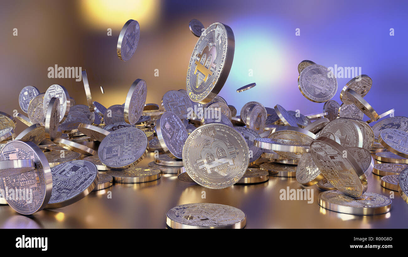 3D rendering Bitcoin currency, crypto currency, falling on a pile Stock ...