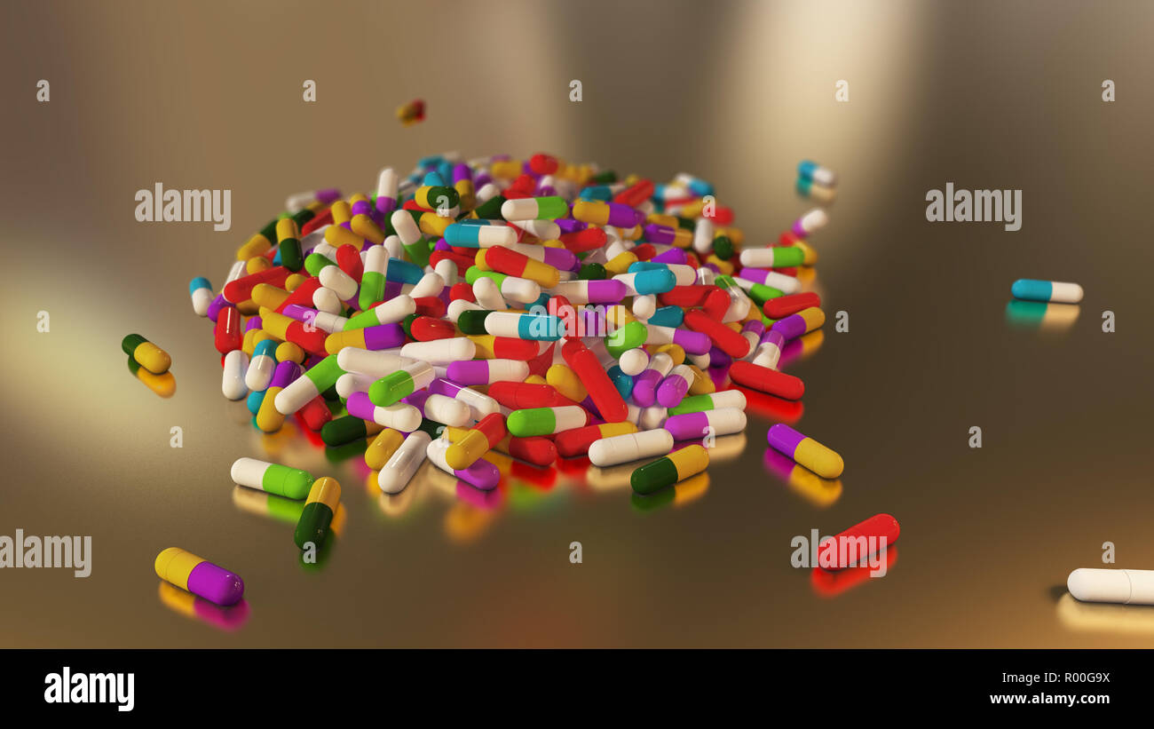3D rendering multicolored medical pills falling from top to bottom ...