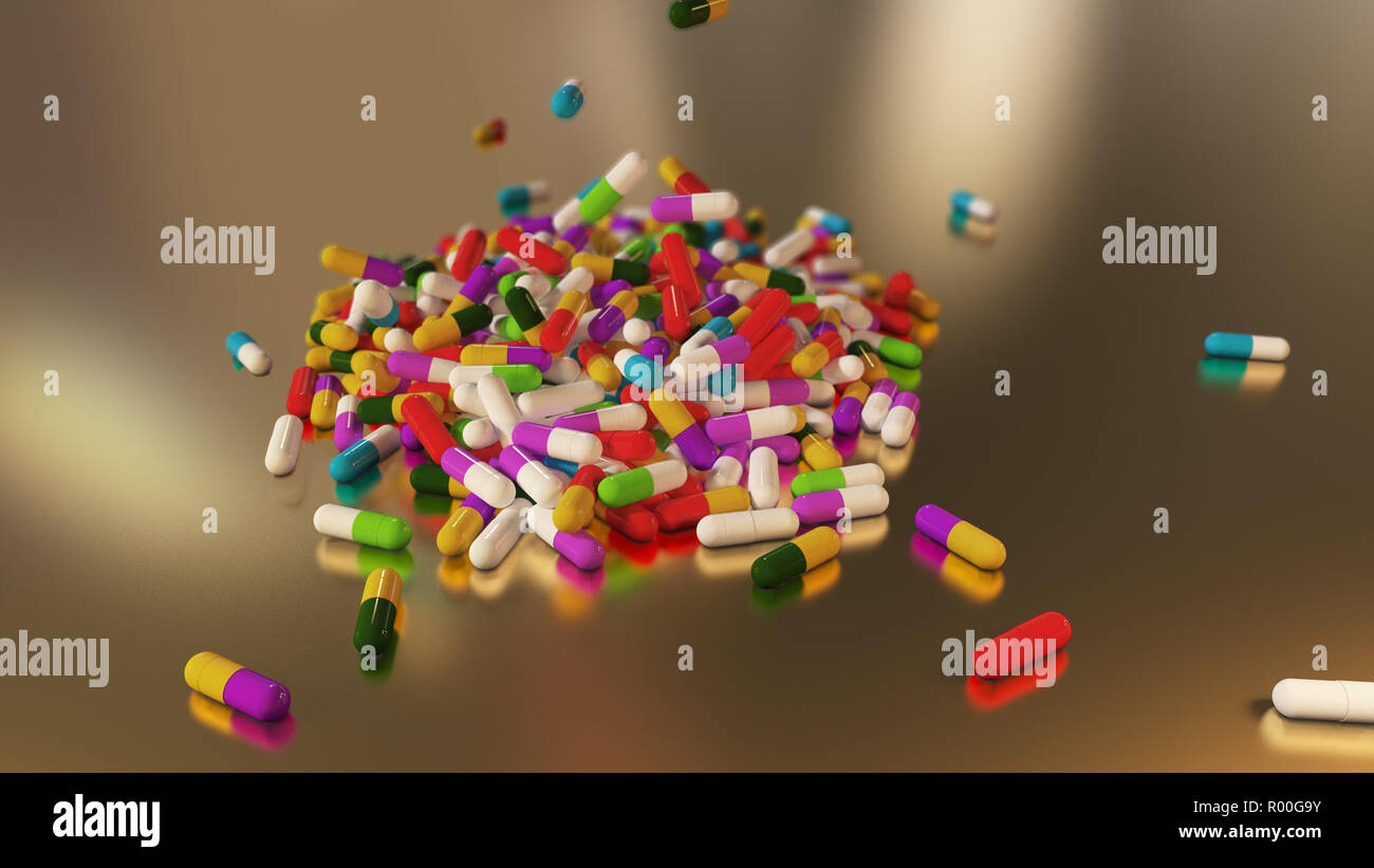 3D rendering multicolored medical pills falling from top to bottom ...