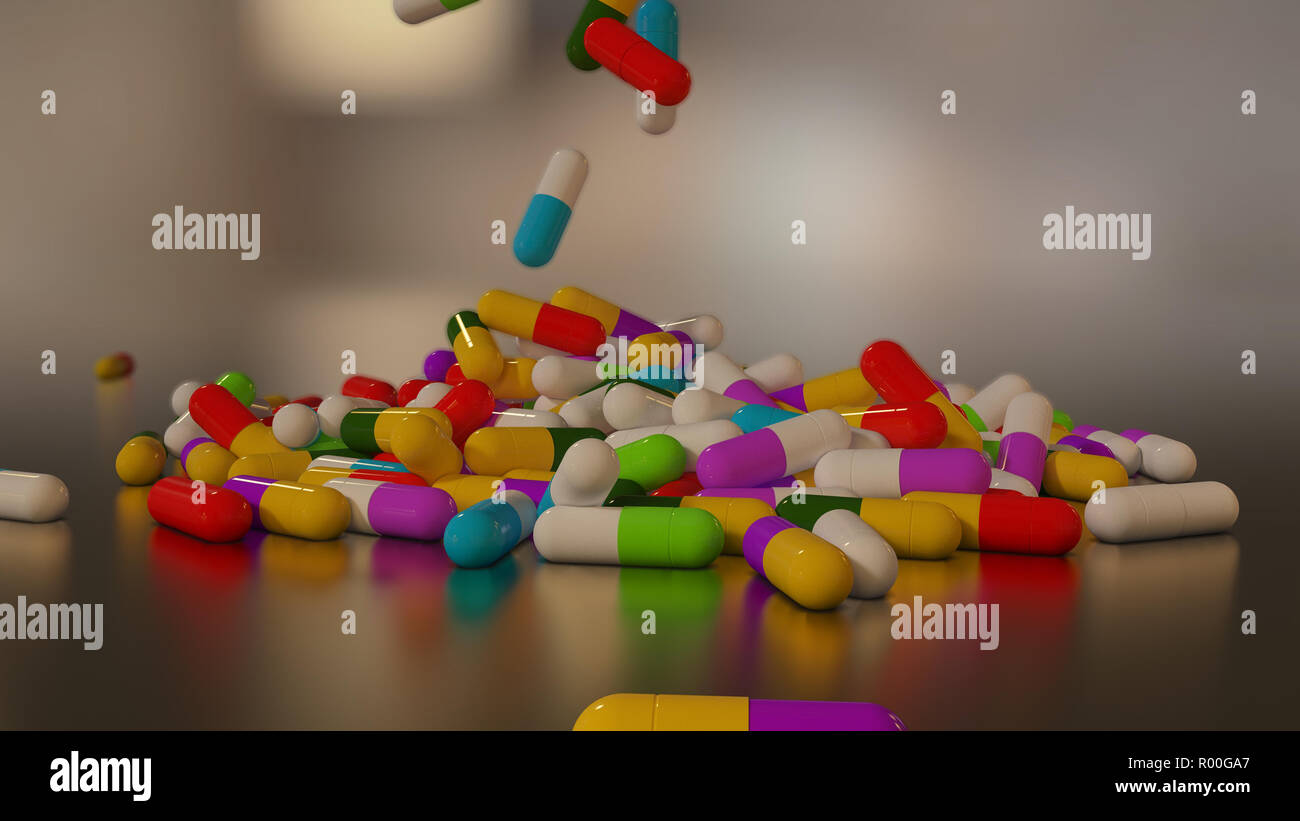 3D rendering multicolored medical pills falling from top to bottom ...