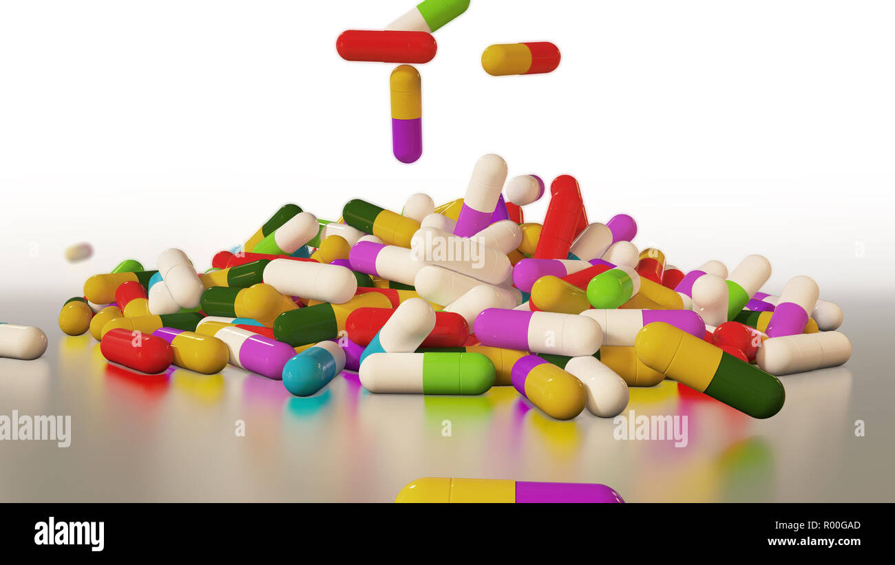 3D rendering multicolored medical pills falling from top to bottom ...