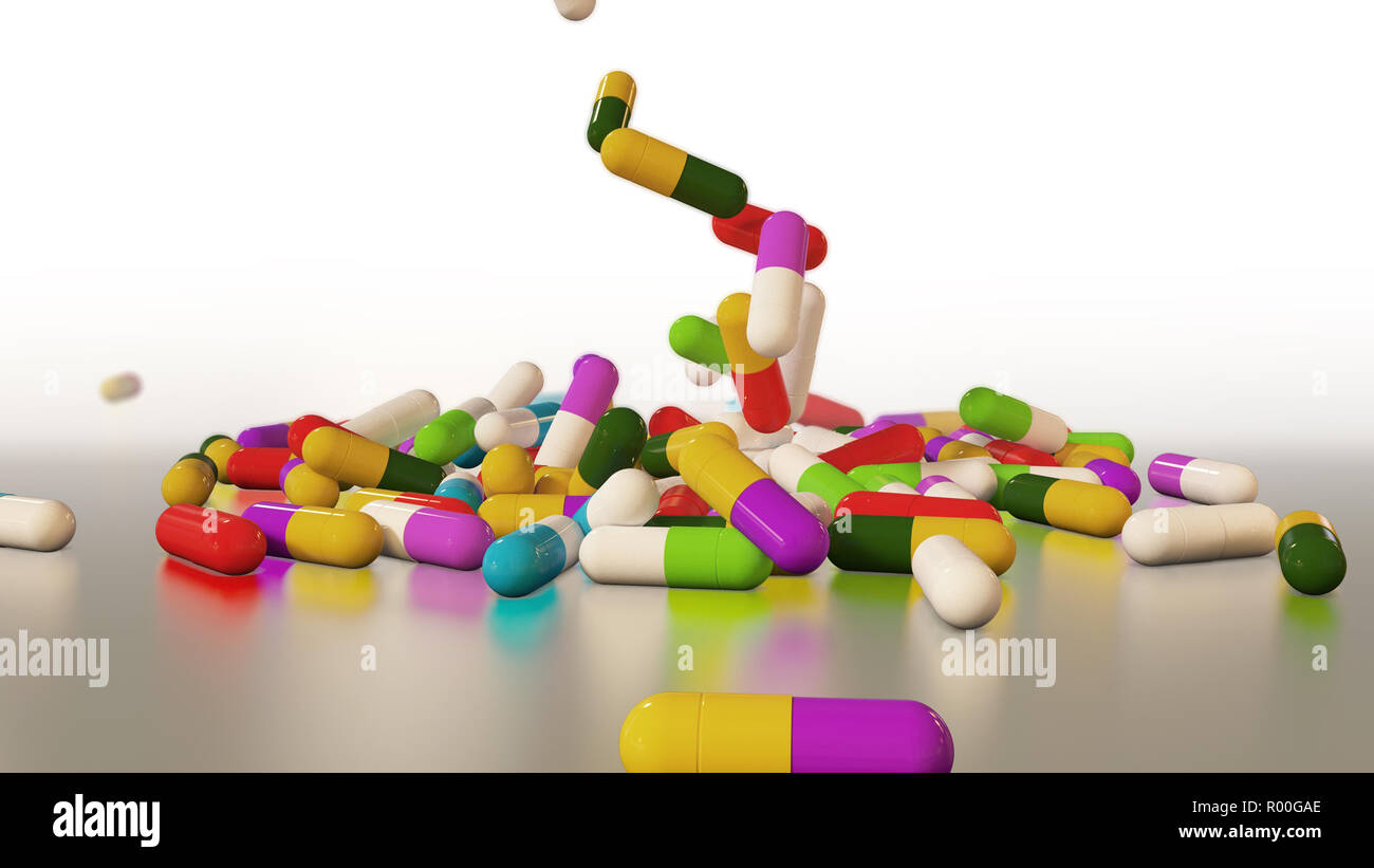 3D rendering multicolored medical pills falling from top to bottom ...