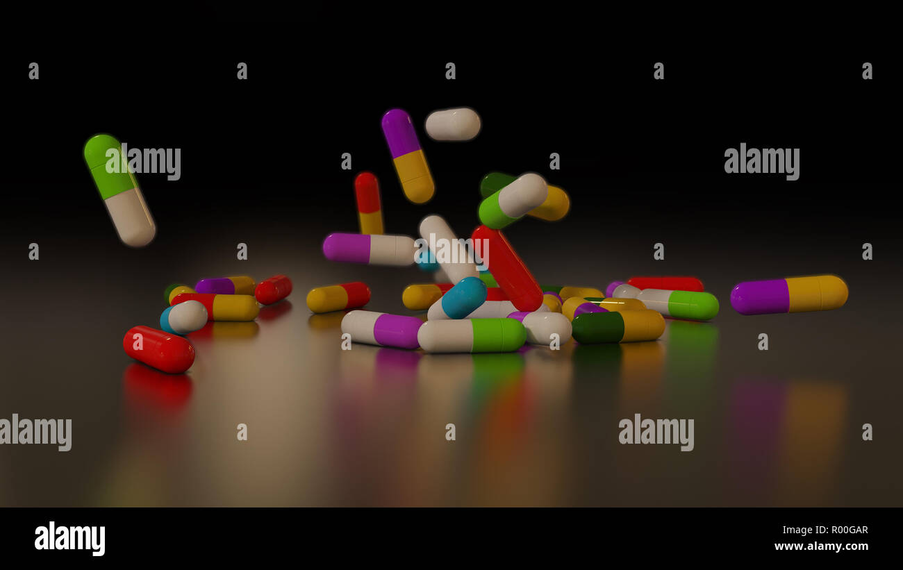 3D rendering multicolored medical pills falling from top to bottom ...