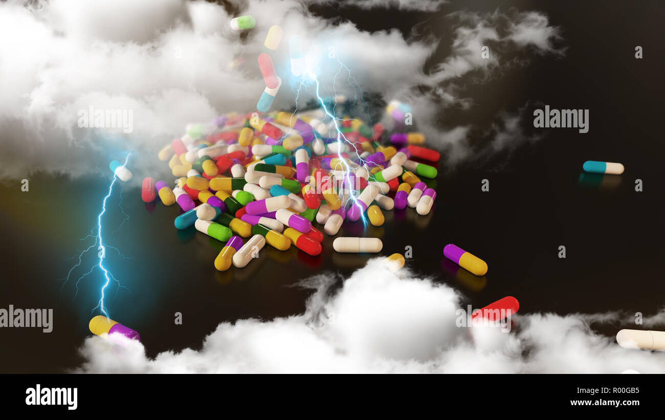 3D rendering multicolored medical pills falling from a thundercloud ...